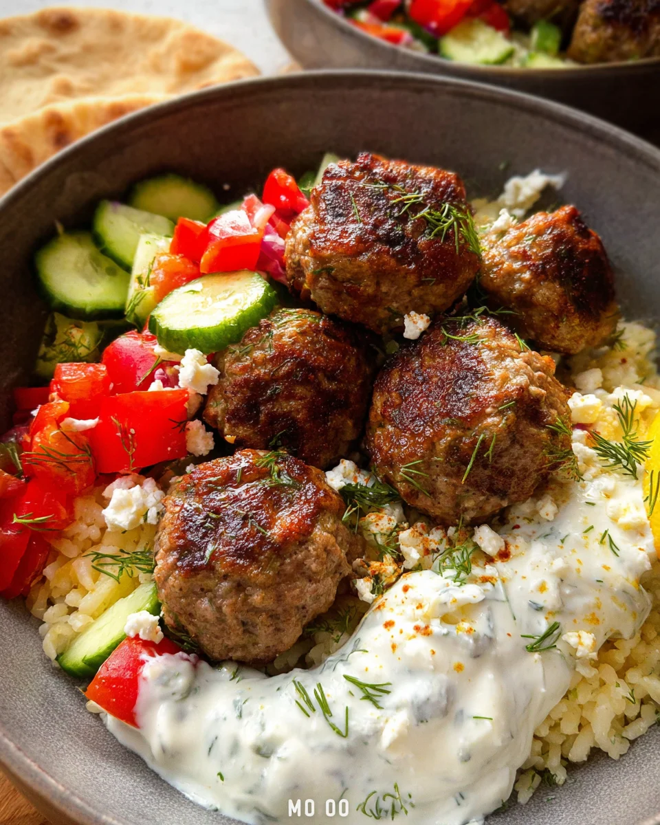 Gyro Bowls (Meatballs with Tzatziki, Lemon Rice, and Cucumber Salad)